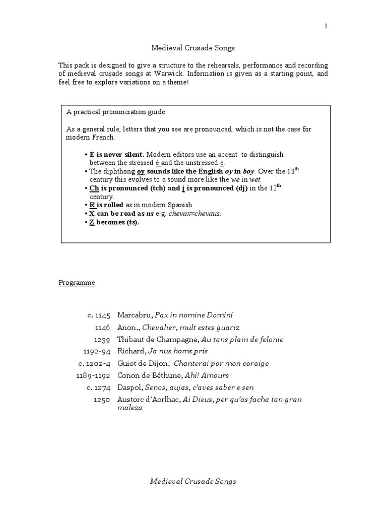 Medieval Crusade Songs Overview | PDF
