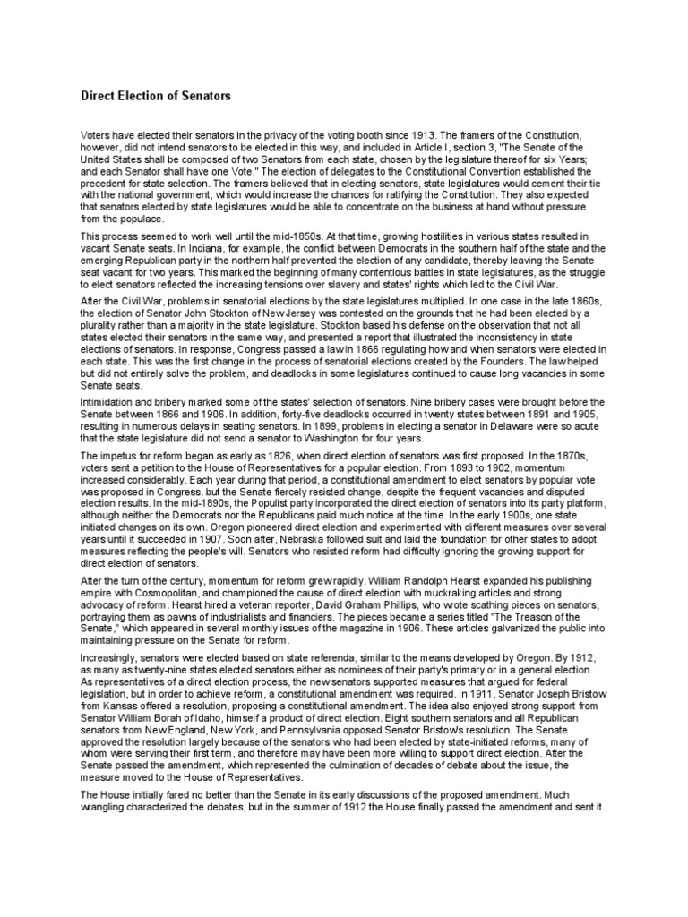 Direct Election of Senators | PDF | U.S. State | United States Senate