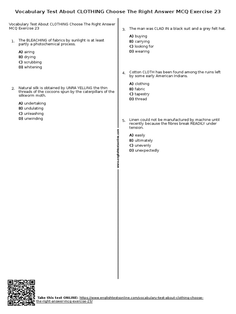 936 Vocabulary Test About Clothing Choose The Right Answer MCQ Exercise ...