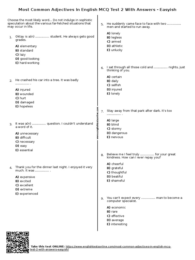 671 Most Common Adjectives in English MCQ Test 2 With Answers Easyish ...