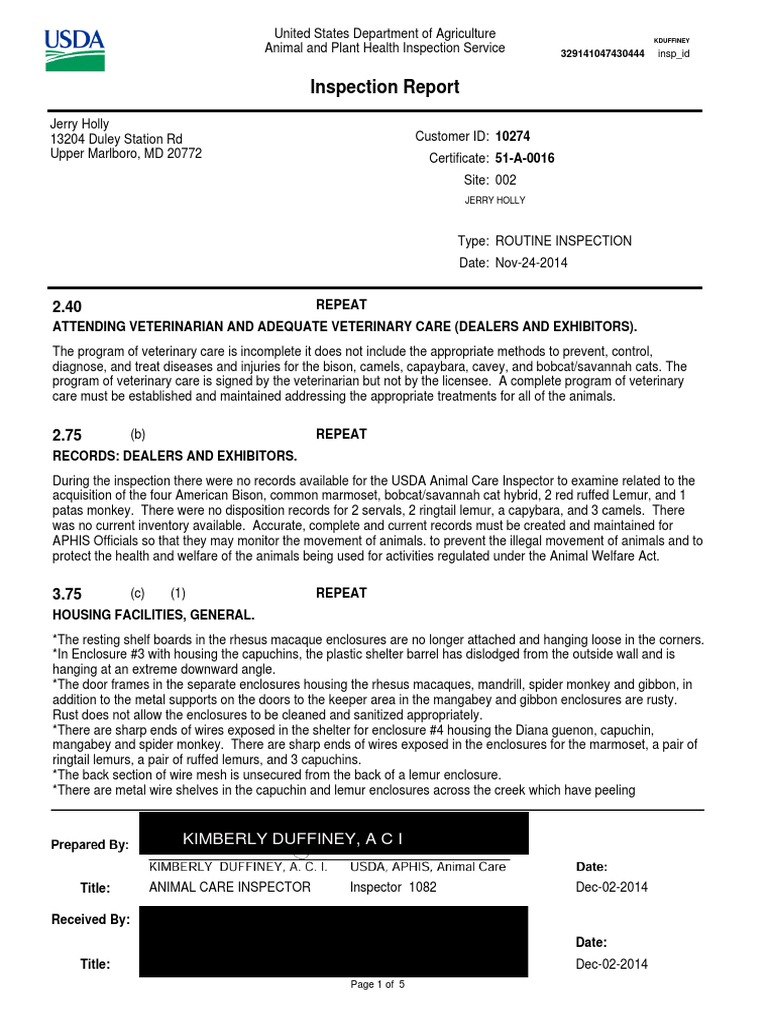 2014-11-24 - USDA Inspection Report - Jerry Holly | PDF | Foods | Feces