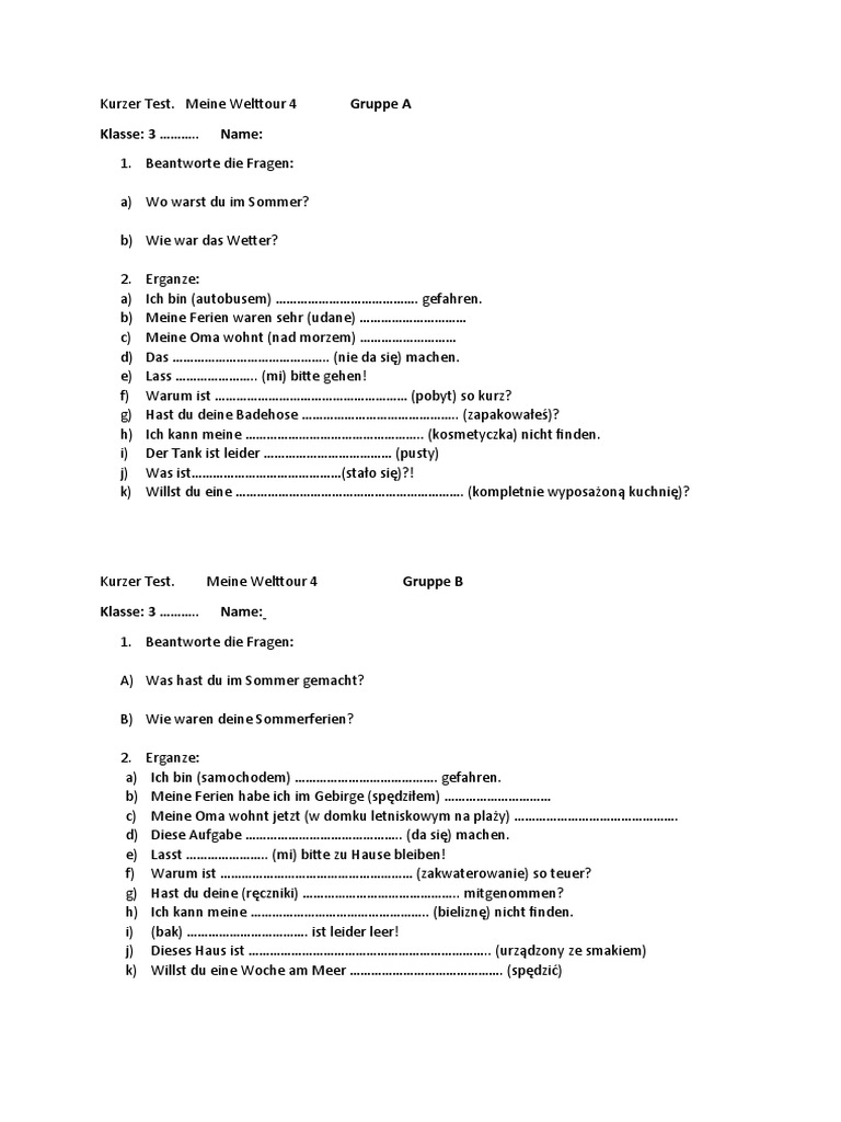Kurzer Test - Docx Kartkówka 1 Rozdział Welttour 4 | PDF