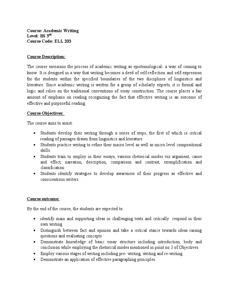 Course: Academic Writing Level: BS 3 Course Code: ELL 203 | PDF ...