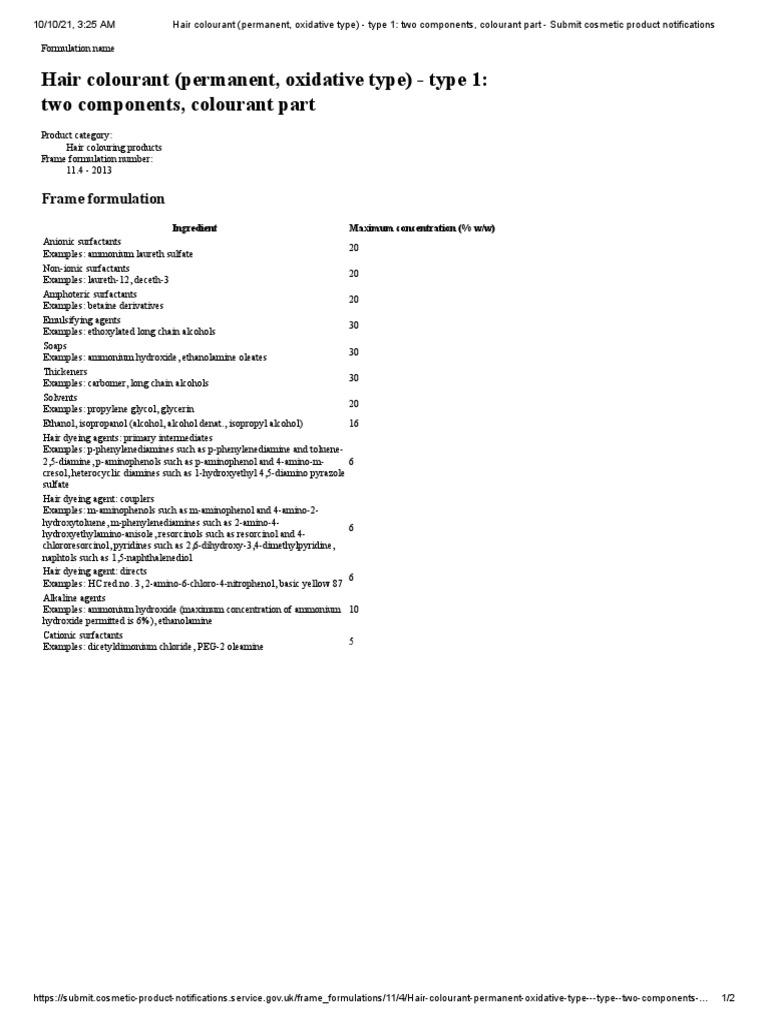 Hair Colourant (Permanent, Oxidative Type) - Type 1 - Two Components ...