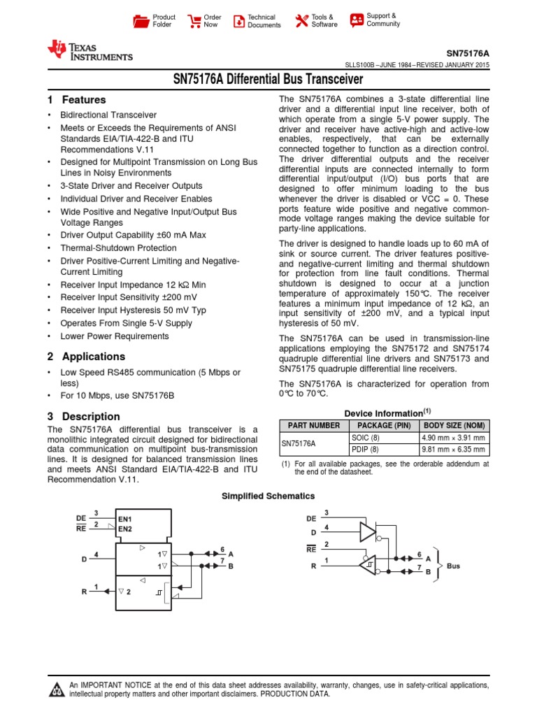 SN75176A Differential Bus Transceiver: 1 Features | PDF