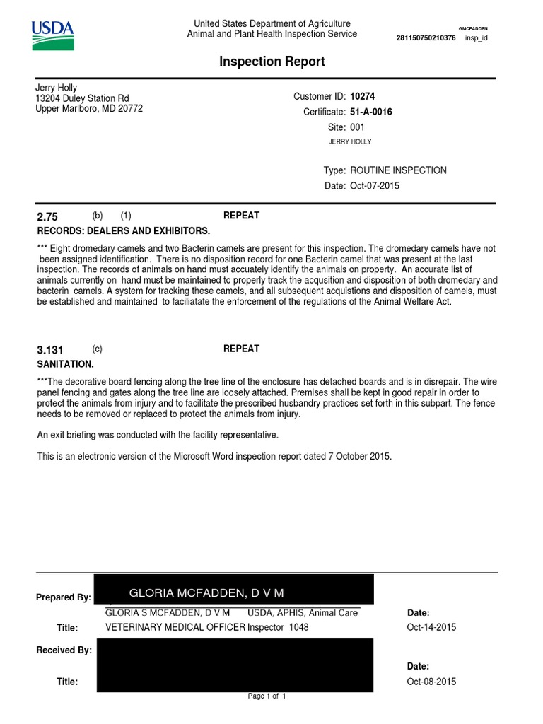 2015-10-07 USDA Inspection Report Jerry Holly | PDF | Animals And Humans