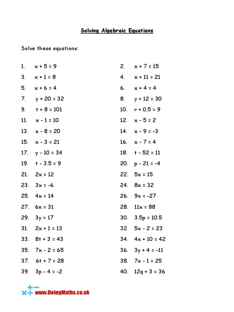 Solving Simple Algebraic Equations | PDF