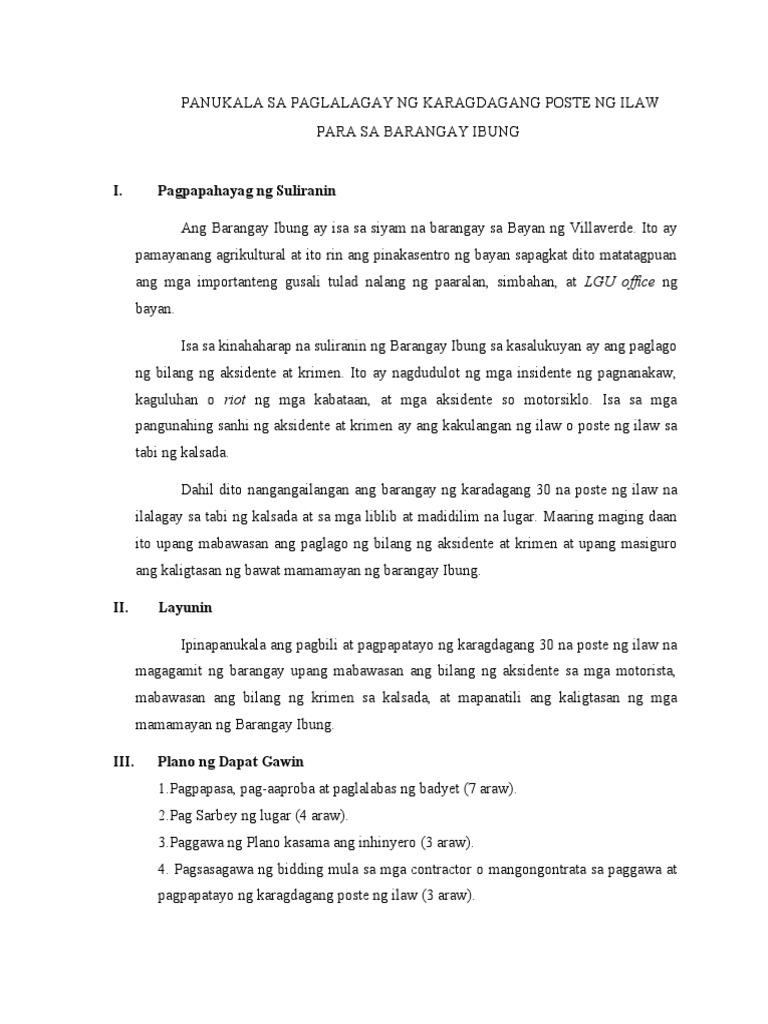 Panukala Sa Paglalagay NG Karagdagang Poste NG Ilaw | PDF Panukala Sa Paglalagay NG Karagdagang Poste NG Ilaw | PDF