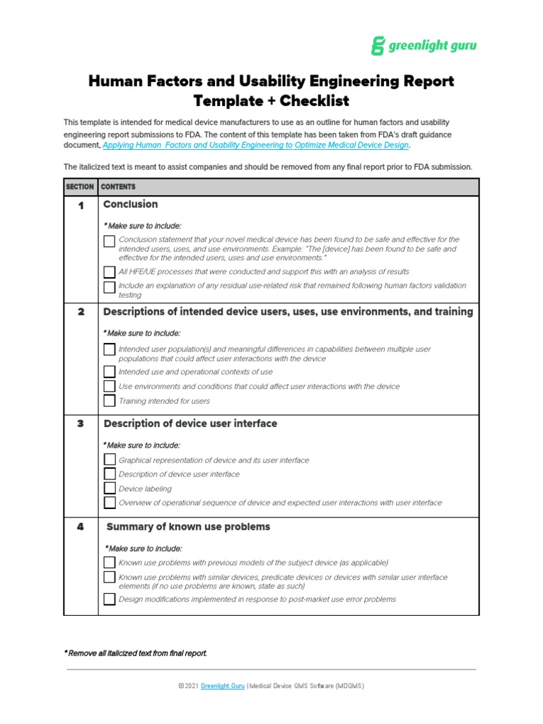 Human Factors and Usability Engineering Report Template + Checklist | PDF | Usability | Risk