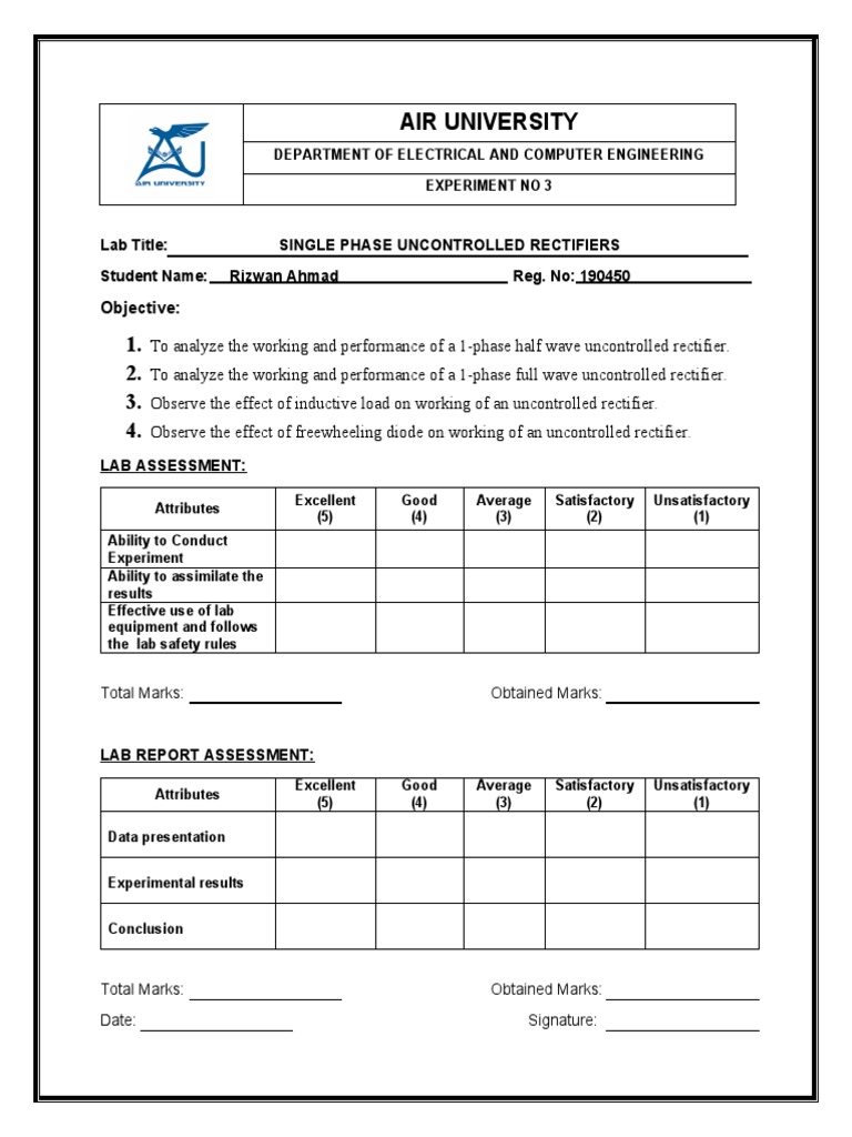 3-Lab#03 Single Phase Uncontrolled Rectifiers | PDF | Rectifier | Diode
