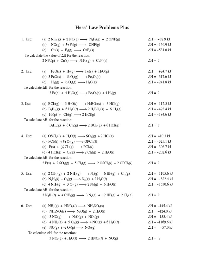 Hess' Law Problems Plus | PDF | Branches Of Thermodynamics | Chemistry