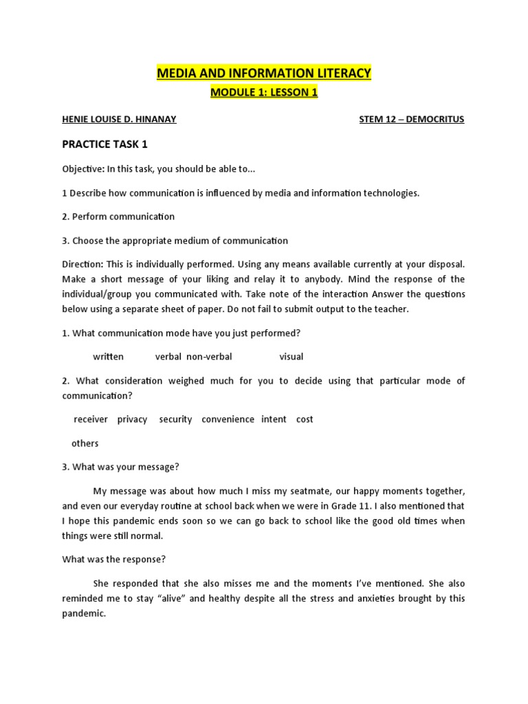 MEDIA AND INFORMATION LITERACY (Module 1 Lesson 1) | PDF ...