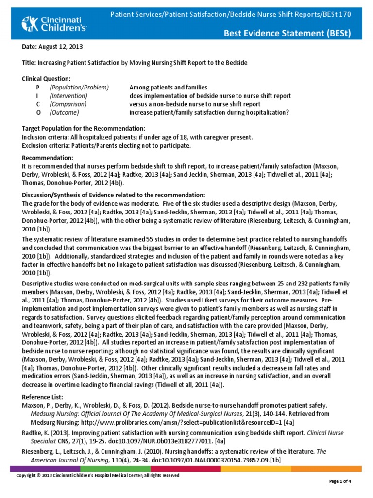 Bedside Shift Report BESt 170 | PDF | Nursing | Patient