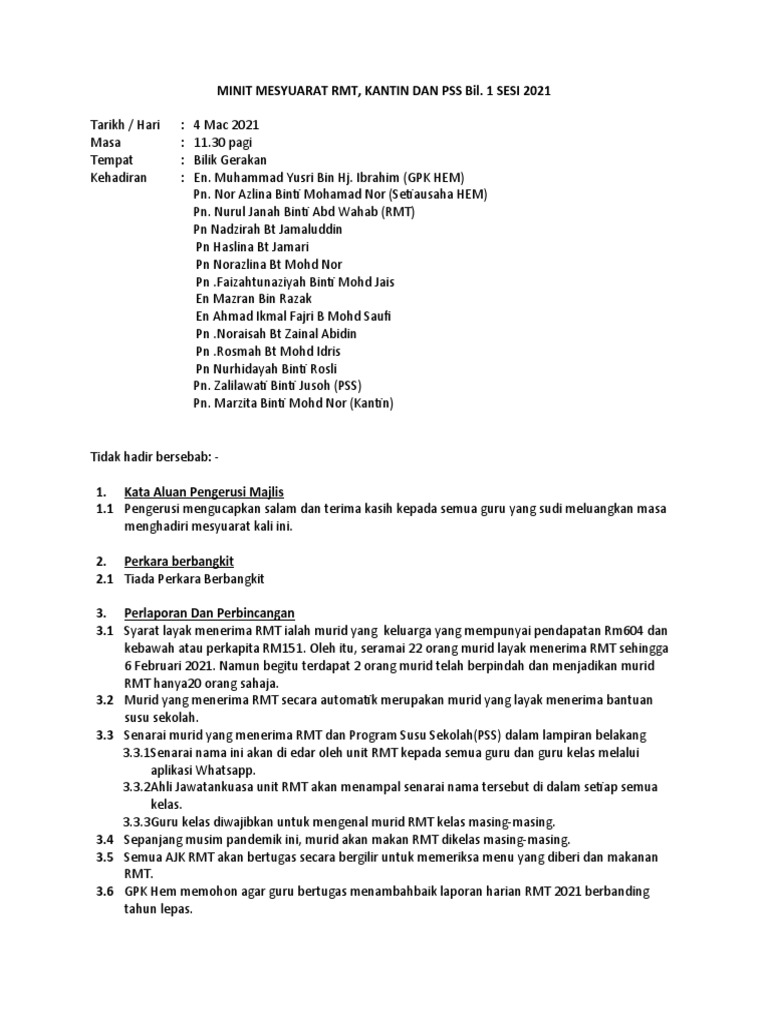 Minit Mesyuarat RMT Kali 1 2021 | PDF