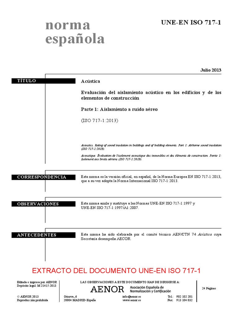 Norma Español La: Une-E EN ISO 717-1 | PDF | Medición | Metrología