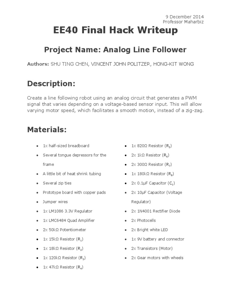 EE40 Final Hack Writeup: Project Name: Analog Line Follower | PDF | Electrical Circuits ...