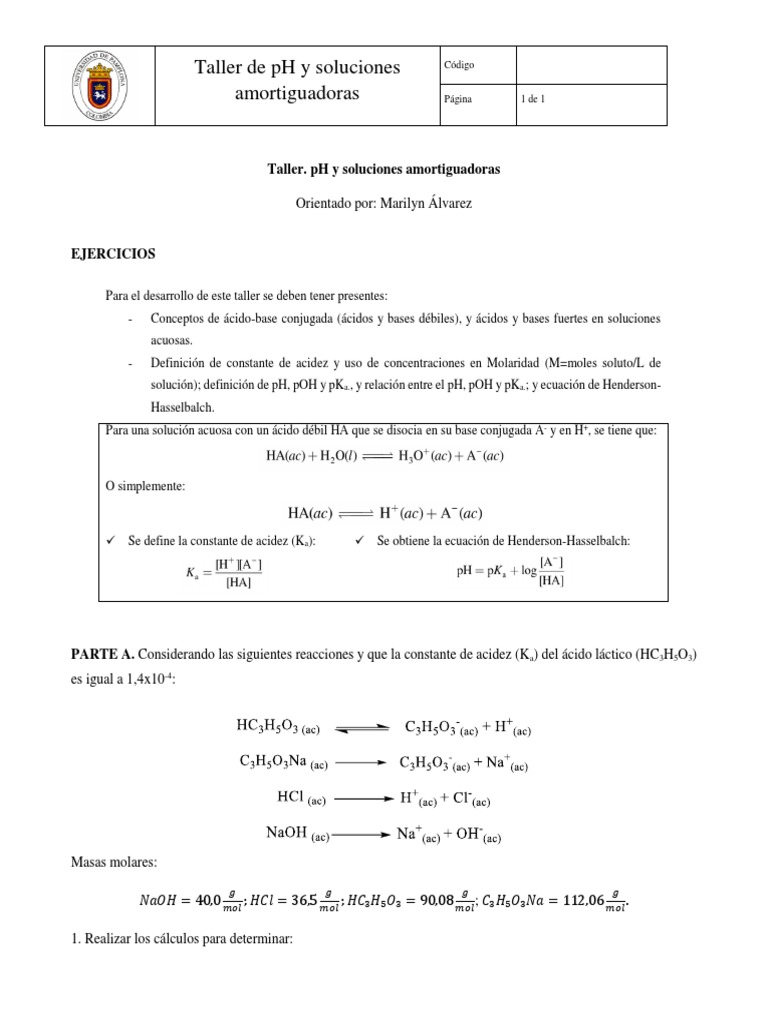 Taller. PH y Soluciones Amortiguadoras | PDF | Constante de disociación ácida | Solución tampón