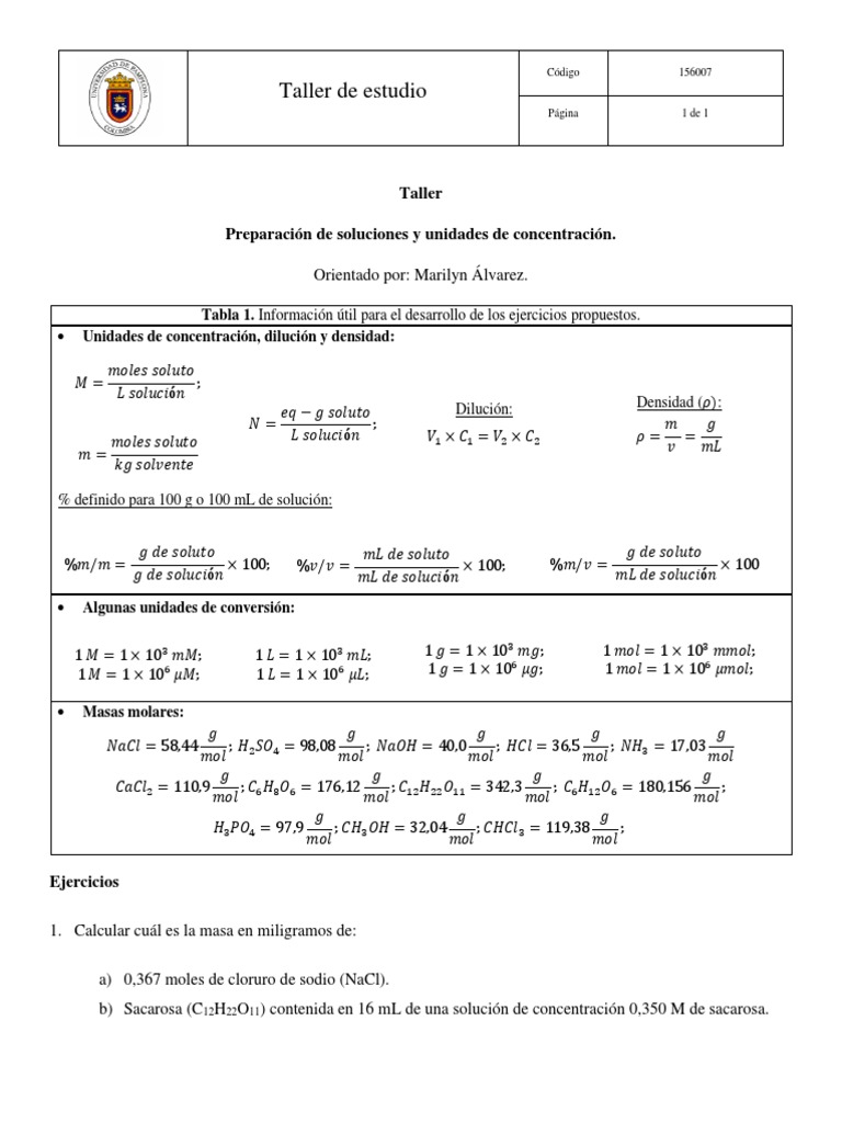 Taller - Soluciones y Unidades de Concentración | PDF | Concentración | Ácido clorhídrico