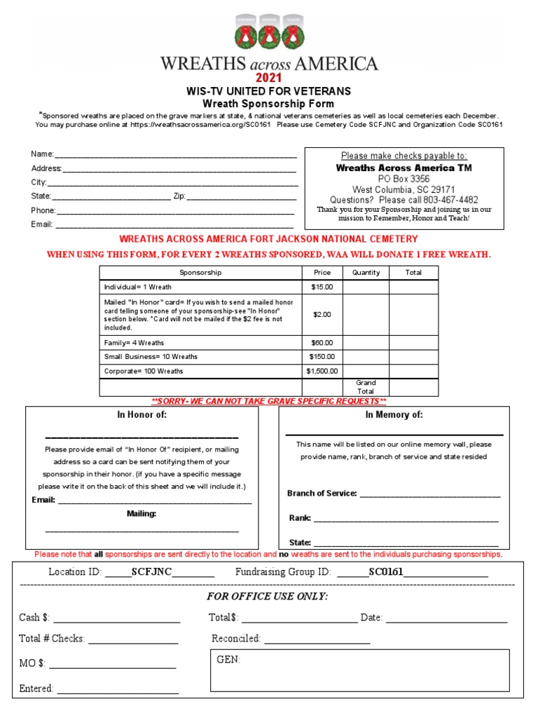 2021 WAA SC WIS-TV Wreath+Sponsorship+Form | PDF | Arlington National ...