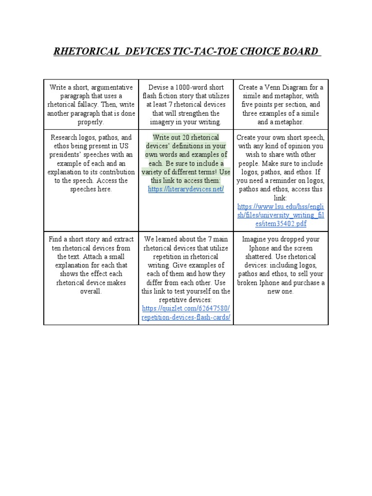 Rhetorical Devices Tic-Tac-Toe Choice Board 1 | PDF