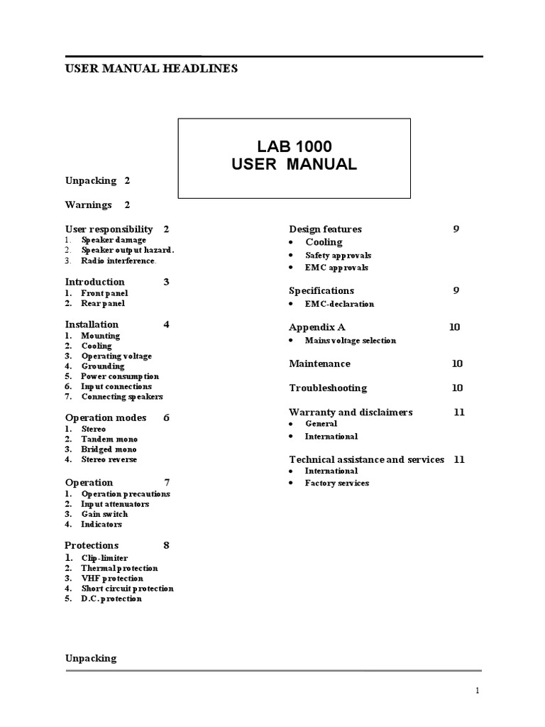 LAB 1000 User Manual Discontinued | PDF | Amplifier | Loudspeaker