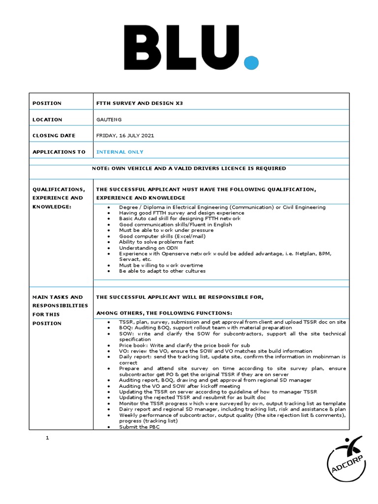 FTTH Survey and Design Position in Gauteng | PDF | Computing