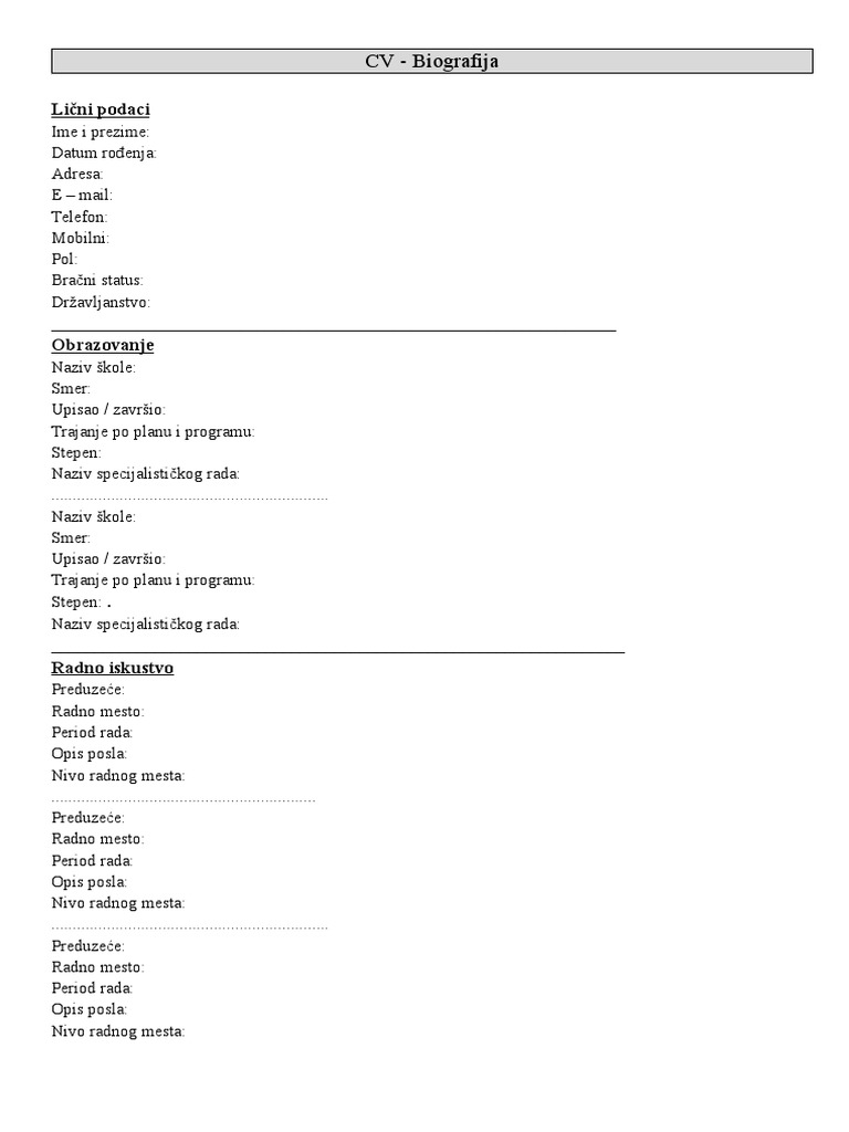 CV - BLANKO Za Ručnu Popunu - Latinica | PDF