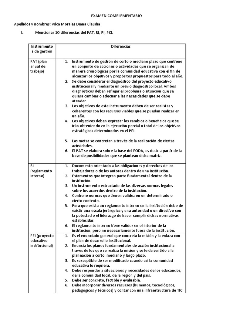 Examen Complementario | PDF | Planificación | Evaluación