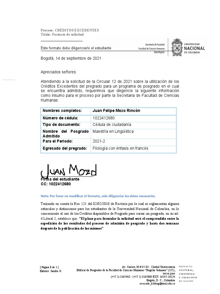 Formato de Solicitud Creditos Excedentes Juan Mozo | PDF