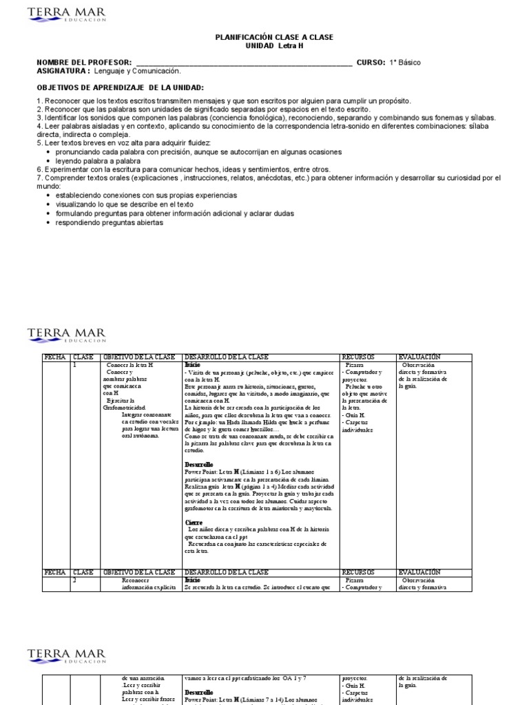 Planificacion Letra H | PDF | Comunicación | Palabra