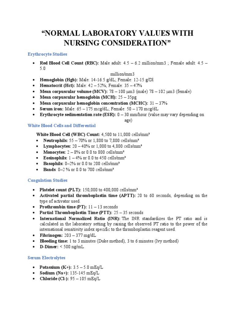 Normal Laboratory Values | PDF | White Blood Cell | Coagulation