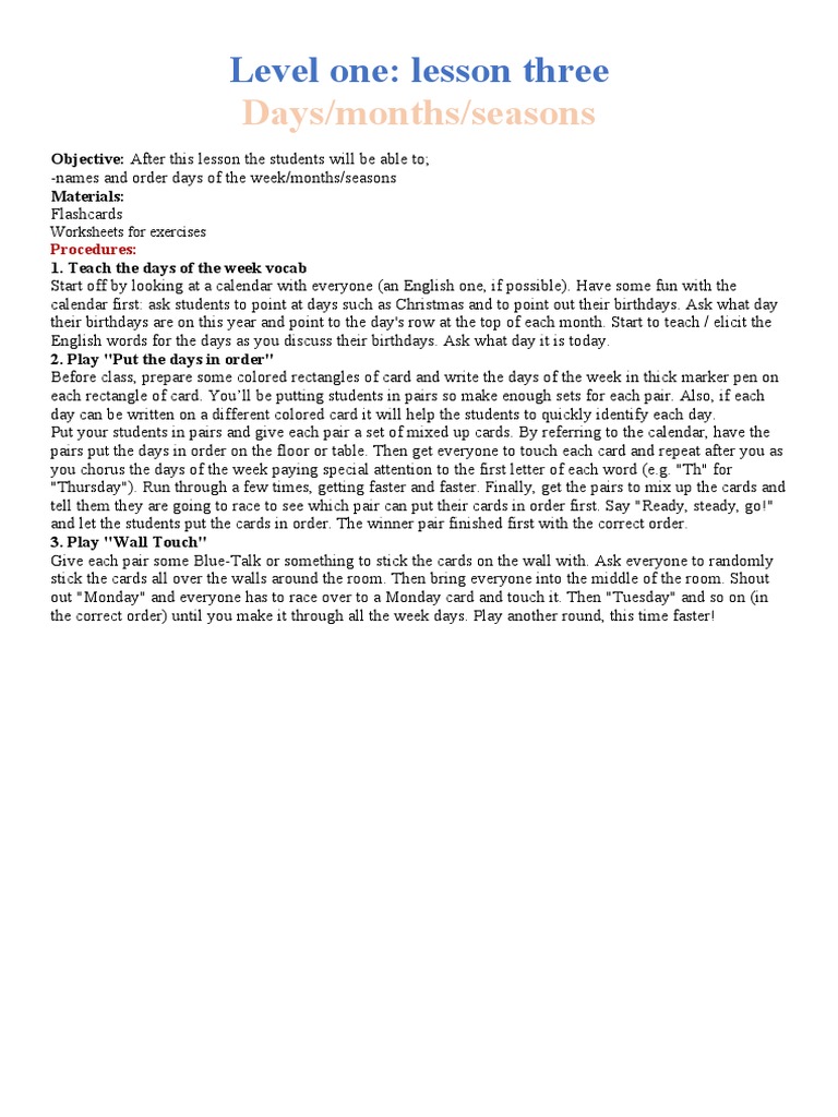 Days of The Week, Month, Seasons Lesson Plan | PDF | Workweek And Weekend