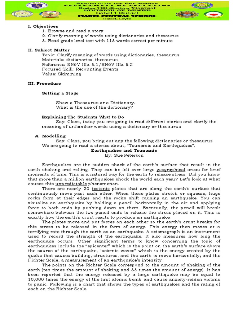 Lesson Plan Clarify Meaning If Words Using Dictionaries, Thesaurus ...