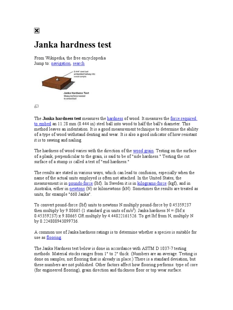 Janka Hardness Test: Navigation Search | PDF | Trees | Forest Products