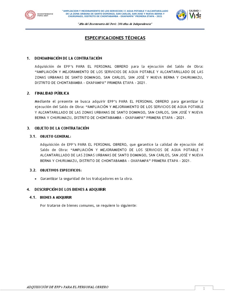 Esp - Tec. - Adquisicion de Epps para El Personal Obrero Final | PDF | Casco | Materiales