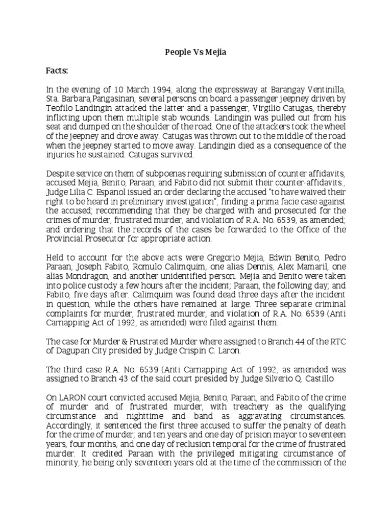 People Vs Mejia Case Digest | PDF | Prosecutor | Murder