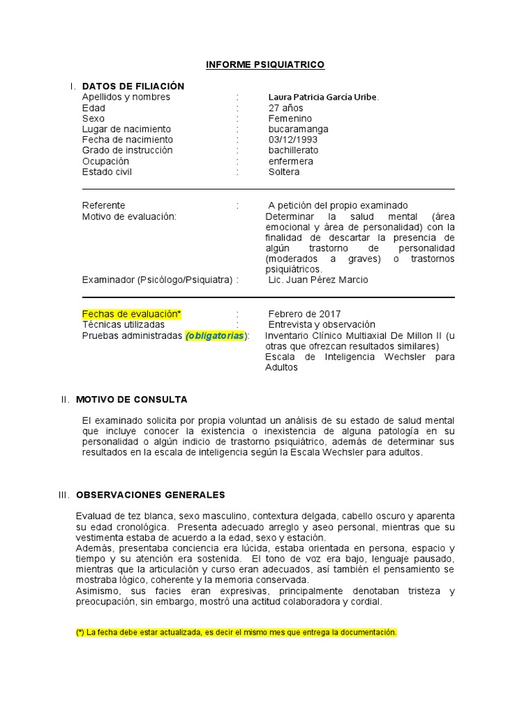 Modelo Informe de Salud Mental 1 | PDF | Trastorno mental | Psiquiatría