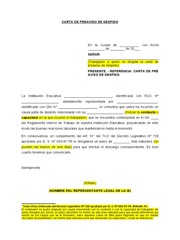 PLANTILLA Carta de Preaviso de Despido | PDF