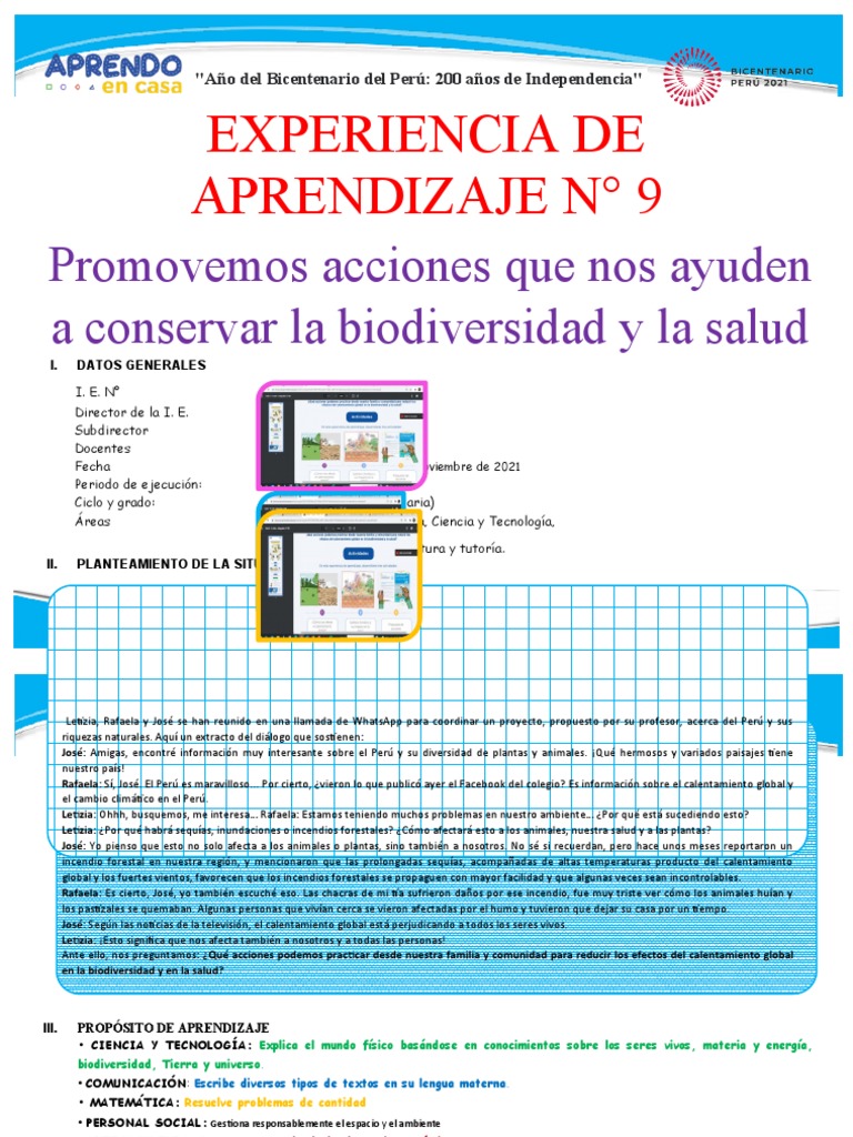 Experiencia De Aprendizaje N 9 Pdf Aprendizaje Biodiversidad