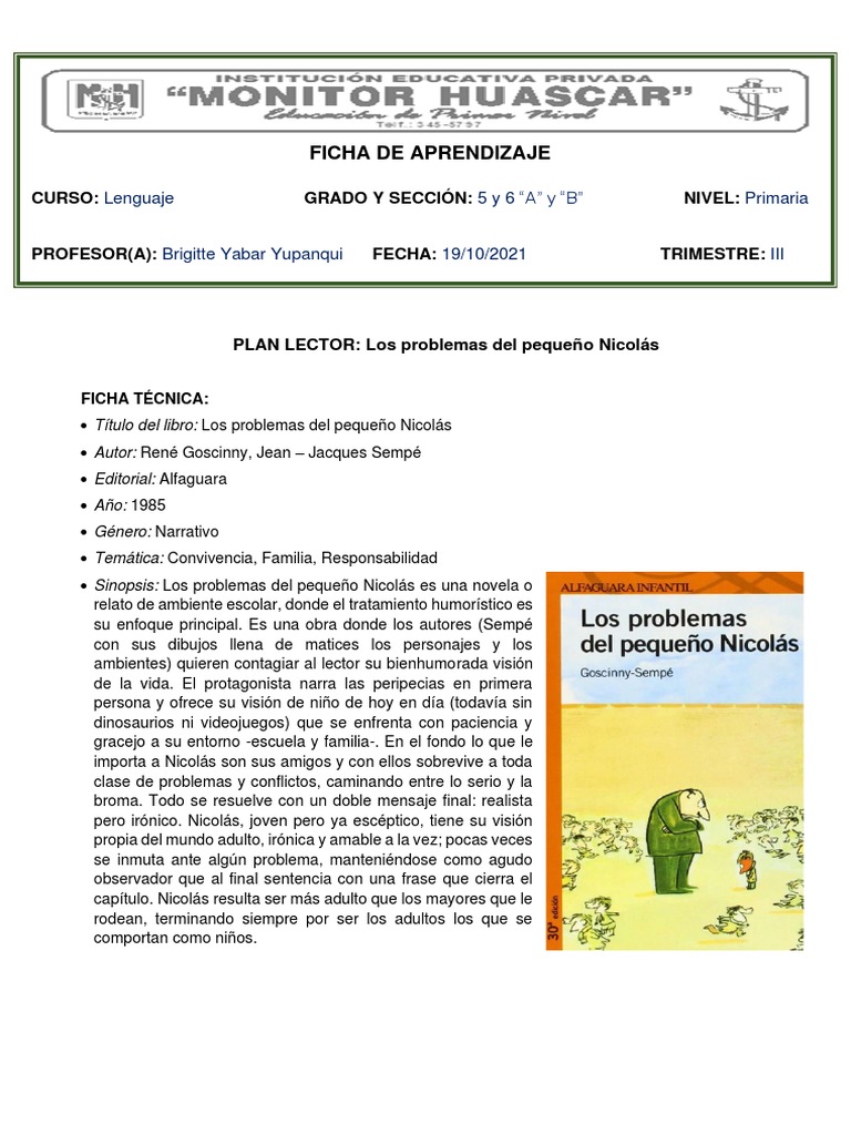 Ficha Plan Lector - Los problemas del pequeño Nicolas | PDF