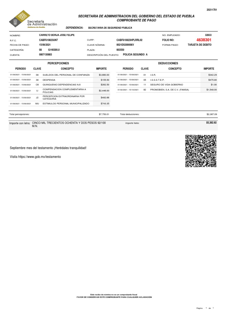 Recibo de Nómina Policía Segundo | PDF