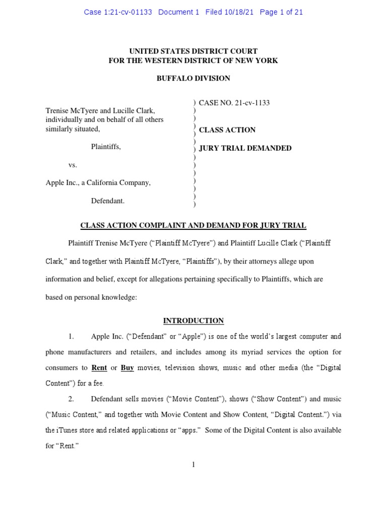 Trenis McTyere, Lucille Clark v. Apple, Class Action | PDF | Class ...