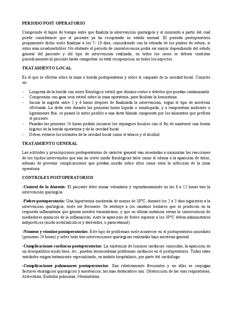 Periodo Post Operatorio Cirugía | PDF | Herida | Inflamación