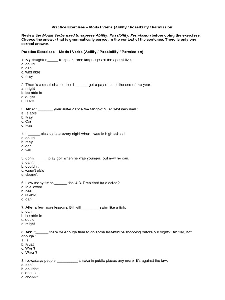 Modal Verbs: Ability and Permission Exercises | PDF | Verb | Grammar