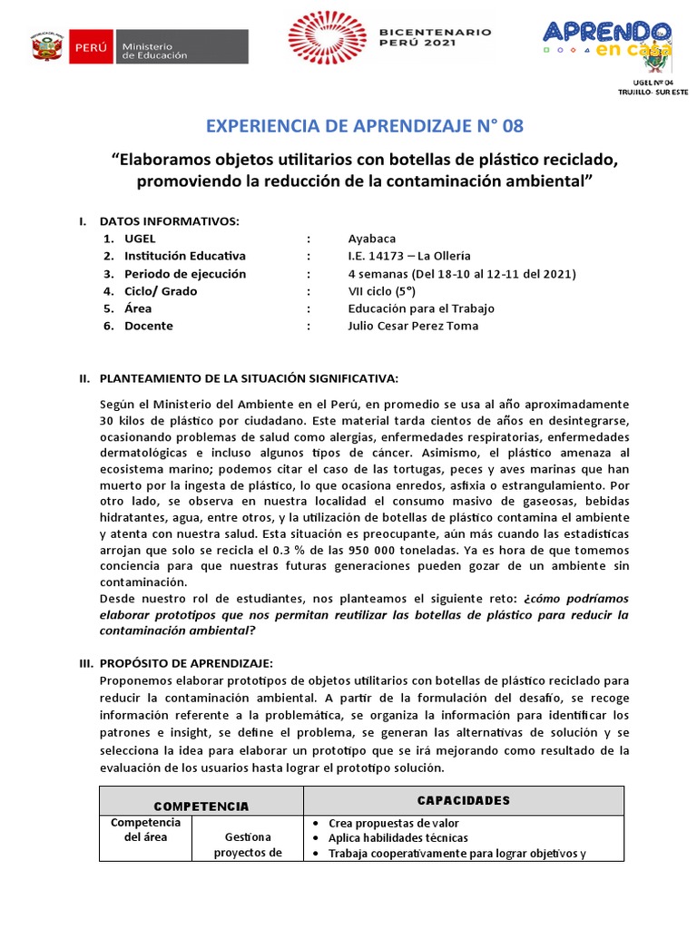 Experiencia N°8 Ept 5° Grado | PDF | Aprendizaje | Iniciativa empresarial