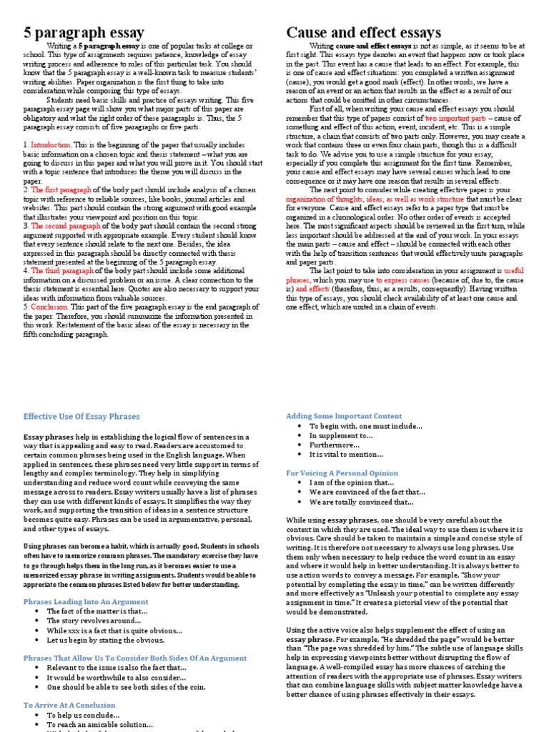 5 Paragraph Essay Cause and Effect Essays: Two Important Parts | PDF ...
