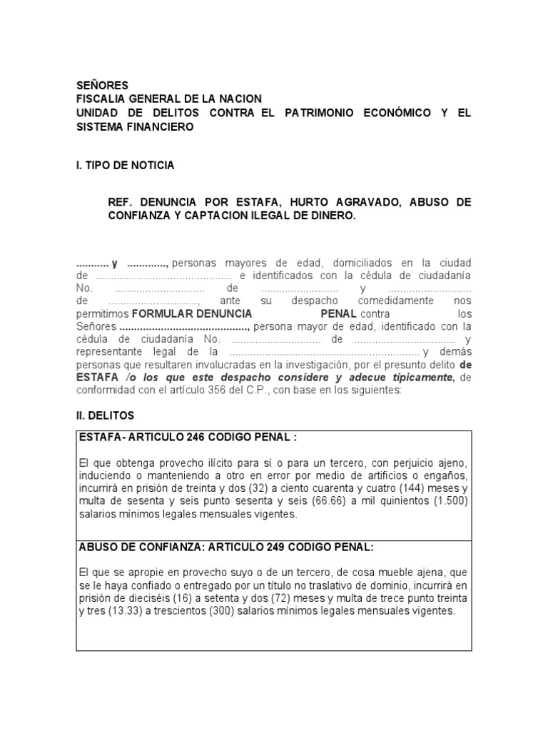 Minuta o Formato Denuncia Penal Estafa | PDF | Trucos de confianza | Crimen y violencia