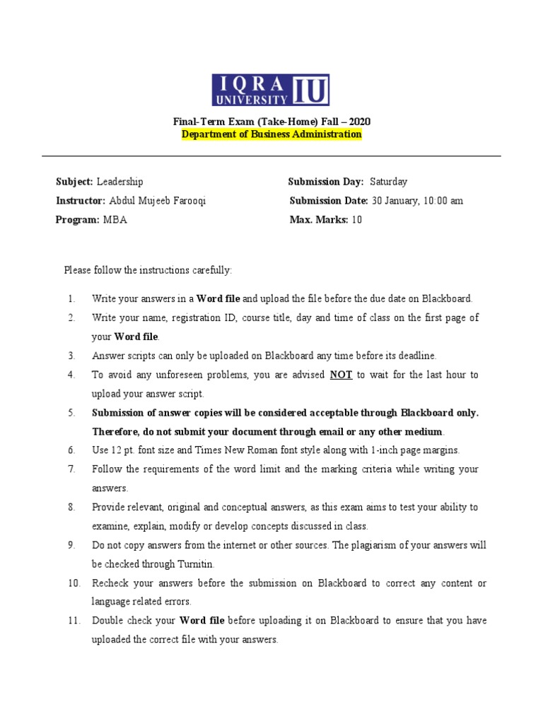 Leadership Final Exam Fall-2020-Tuesday | PDF | Leadership | Test ...