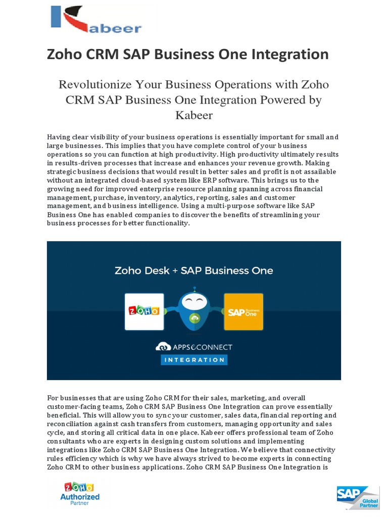 Zoho CRM SAP Business One Integration by Kabeer Consulting and Dilip ... Zoho CRM SAP Business One Integration by Kabeer Consulting and Dilip ...