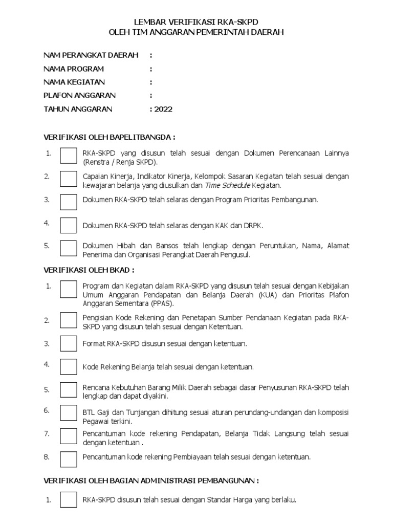 Lembar Verifikasi RKA-SKPD TA 2022 | PDF | Bisnis | Pengelolaan ...
